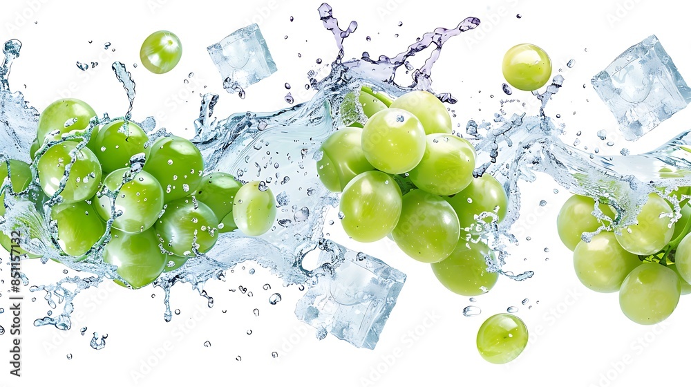 Green Grapes with Ice Cube and Water Splash, Isolated on White ...