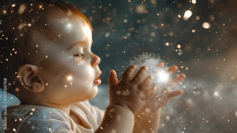 A magical image of a baby holding a glowing star with both hands. The ...