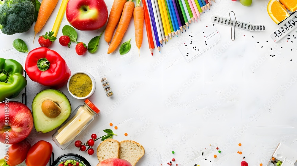 Directly above shot of healthy food and tiffin with school supplies on ...