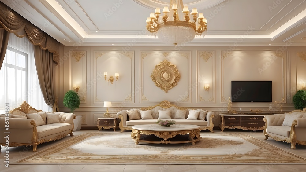 Royal luxury living room interior design with TV, beige and white ...