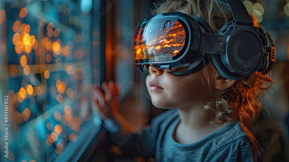 At home, a little child with augmented reality goggles uses gestures to ...