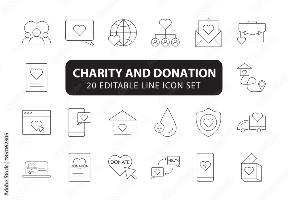 Black outline charity and donation icon set collection, line style ...