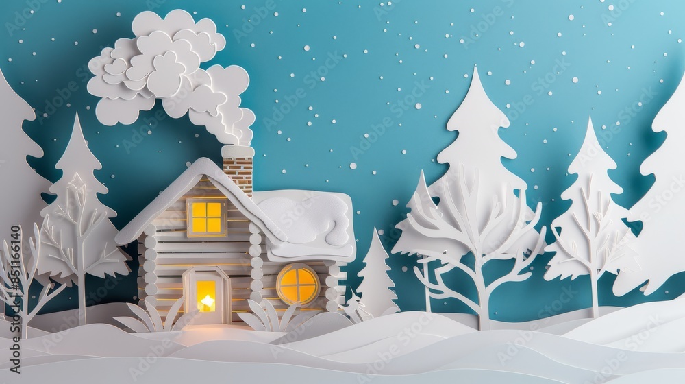 Paper cutout of a cozy winter cabin with smoke from the chimney,paper ...