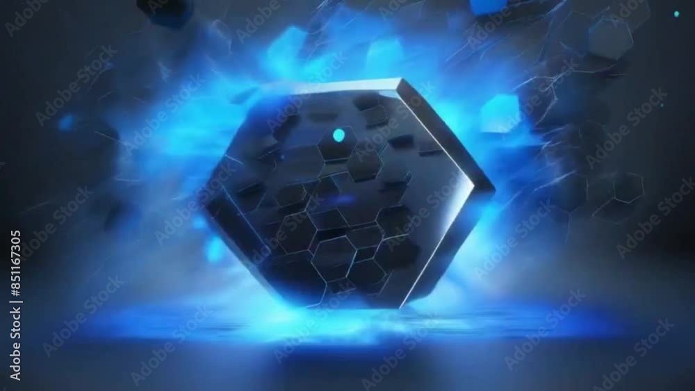 3d black abstract background with hexagon shapes, splashing blue fire ...