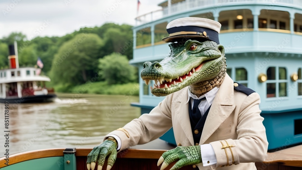 crocodile in a vintage steamboat boat in the river crocodile is dressed ...