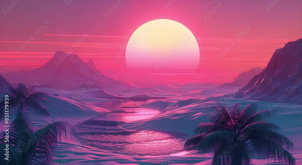 Synthwave 3d retro cyberpunk style landscape background banner or ...