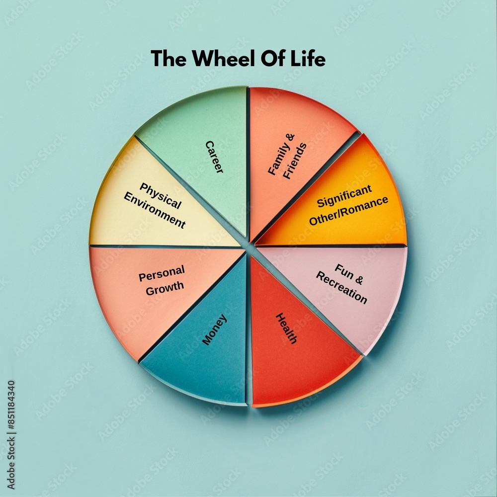 Colorful Wheel of Life chart illustrating eight key areas: career ...