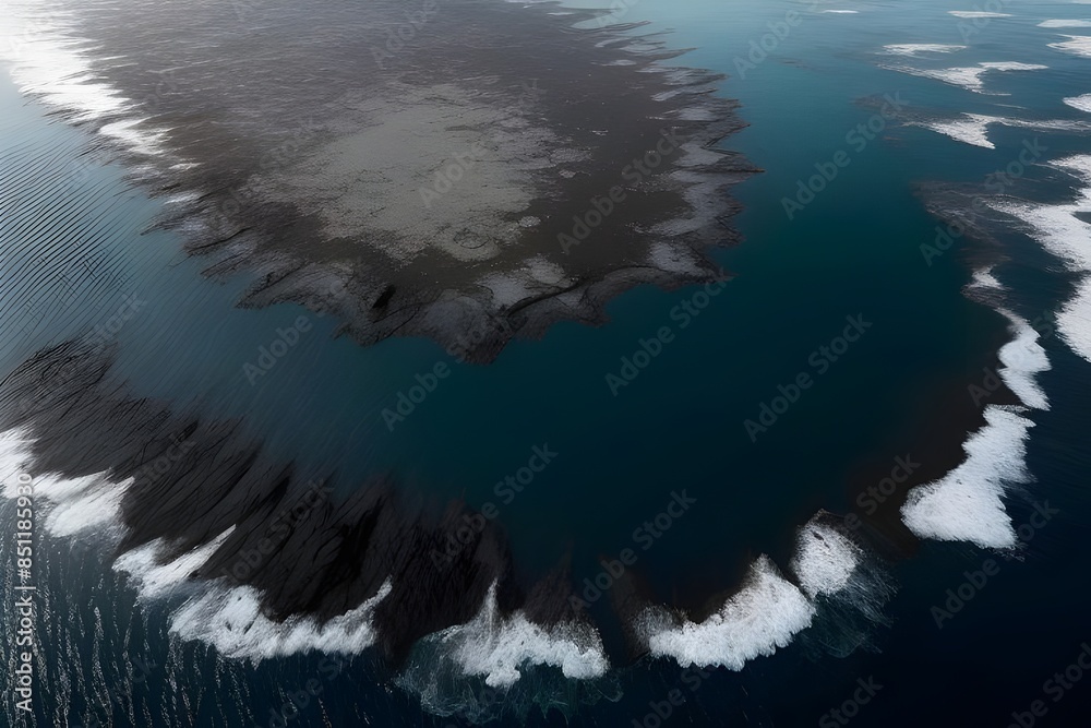 an aerial view of an oil spill in the ocean, sea, environmental, water ...