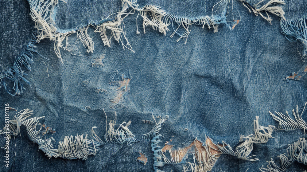 ripped denim fabric background with frayed edges and threads for design ...