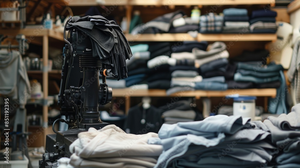 This image shows a cluttered clothing store with piles of folded ...
