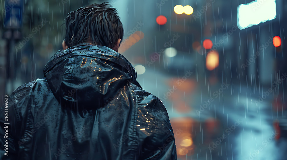 Young man in drenched jacket during heavy rain on a trip. Stock Photo ...