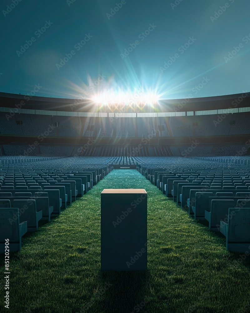 podium in the center of a stadium, of empty seats and light flashes ...