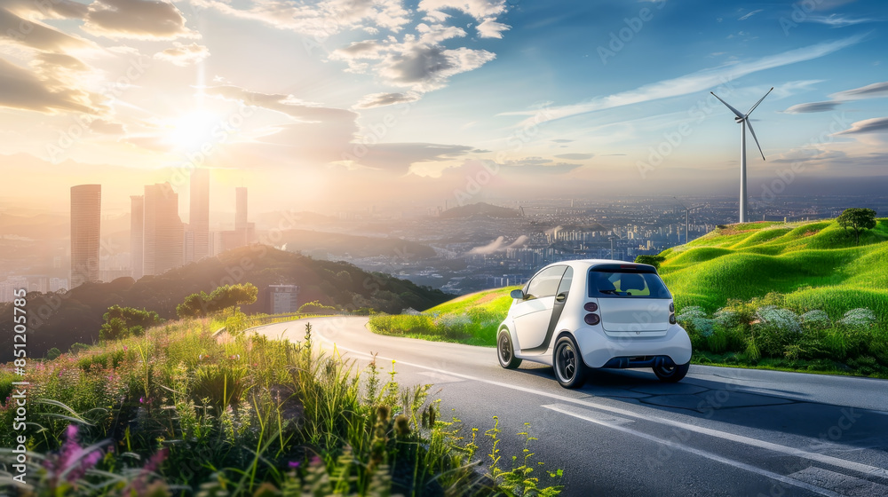 Electric car driving on the road with flower field wind turbine and ...