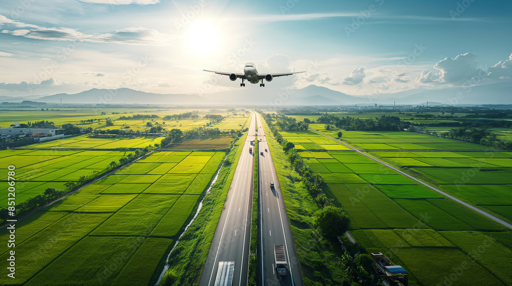 Commercial planes flying over highways and green fields. Travel and ...