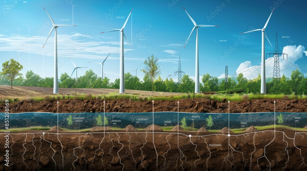 This image depicts wind turbines in a green landscape. Beneath the ...
