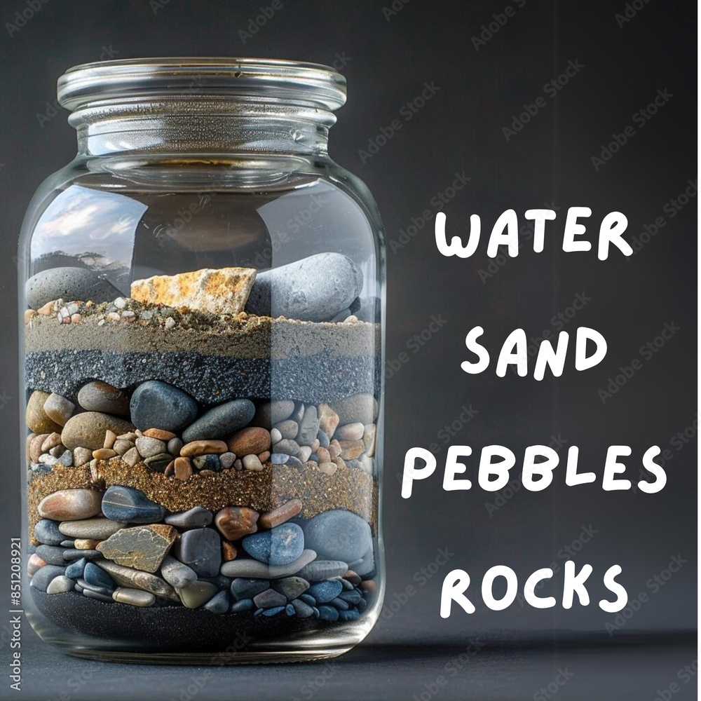 Glass jar filled with layers of water, sand, pebbles, and rocks ...