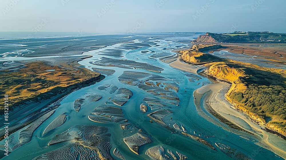 Aerial photograph of a coastal wetland at low tide, where the exposed ...