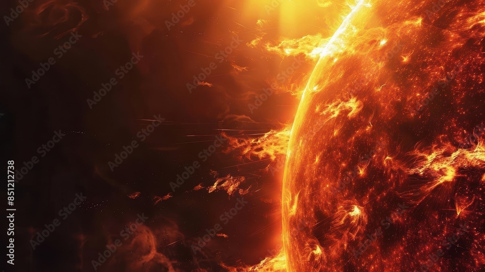 Sun surface, black background, intense solar flares, burning solar ...