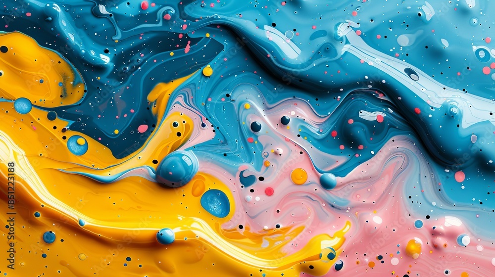 Playful abstract background with colorful splashes of yellow, blue, and ...
