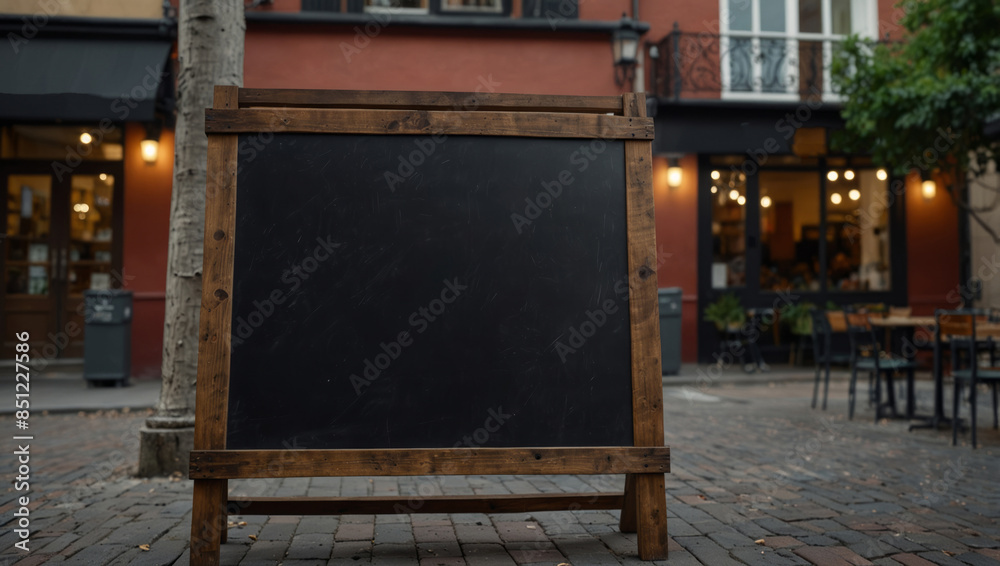 Blank blackboard shop sign mock up in front of a restaurant, cafe and shop menu on the street ...
