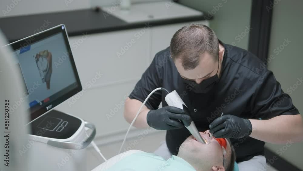 Doctor scans the patient's teeth in the clinic. The dentist holds in ...