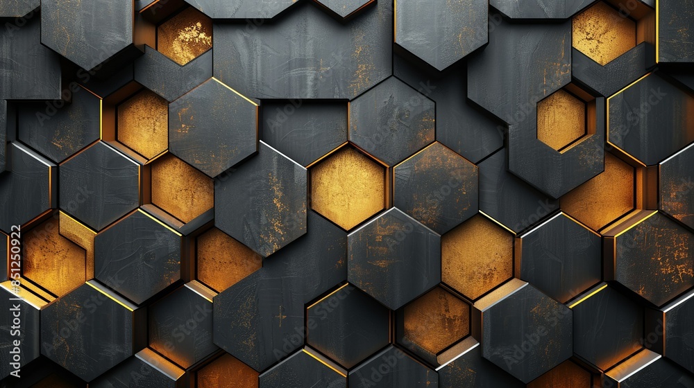 Bold geometric shapes in black and gold form a sophisticated backdrop ...
