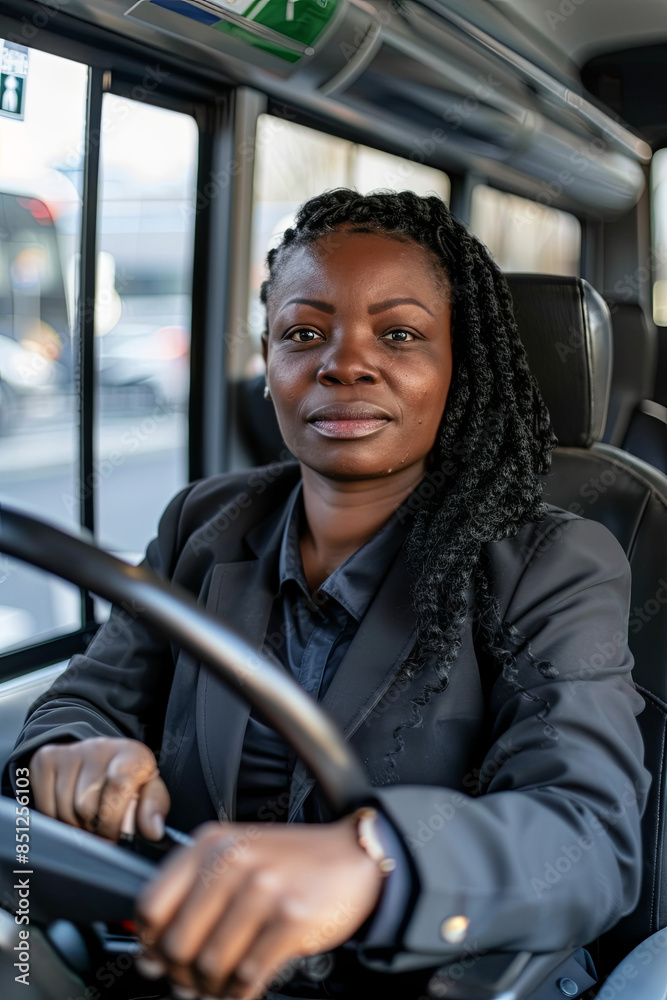 Portrait of a professional Black female bus driver sitting confidently ...
