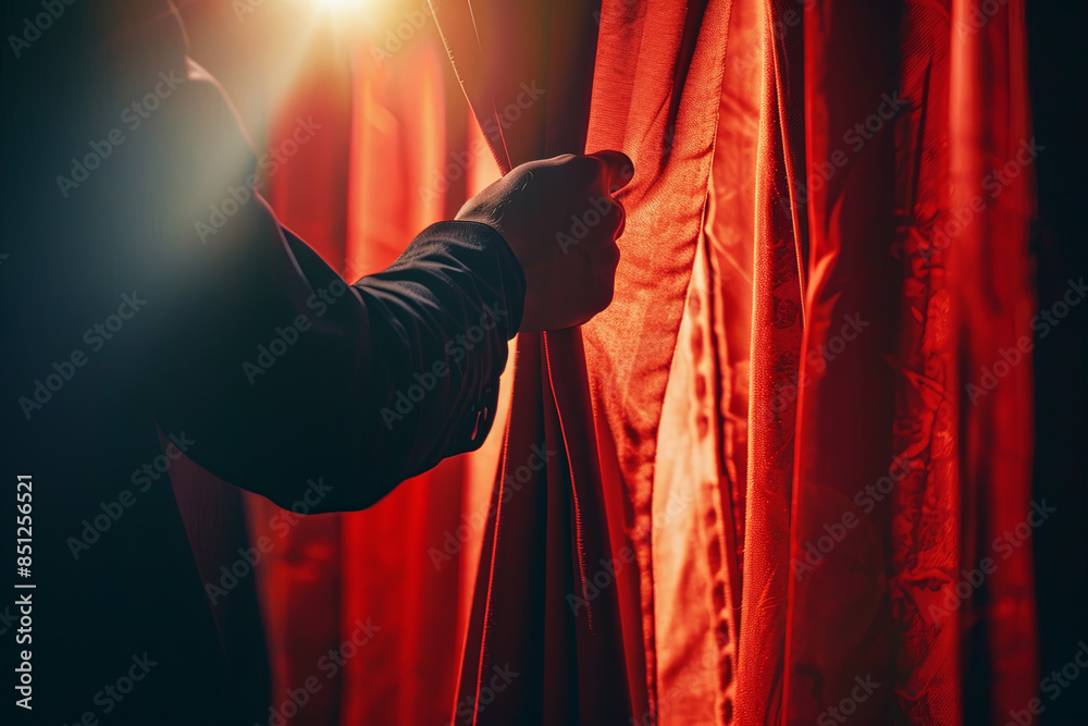 Dramatic scene of an actor pulling open red stage curtains in a theater ...