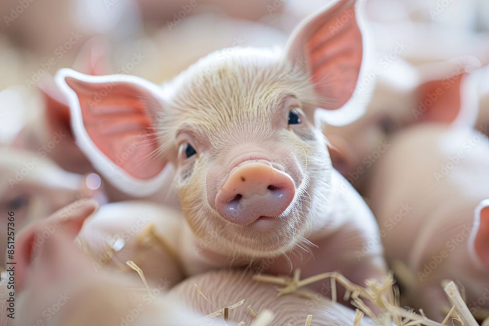 Cute portrait of a week-old newborn piglet in a pig farm, surrounded by ...