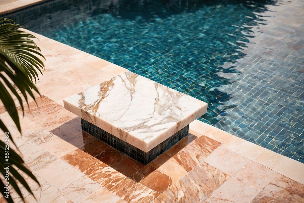 Marble podium backdrop background with tropical pool, luxury summer ...