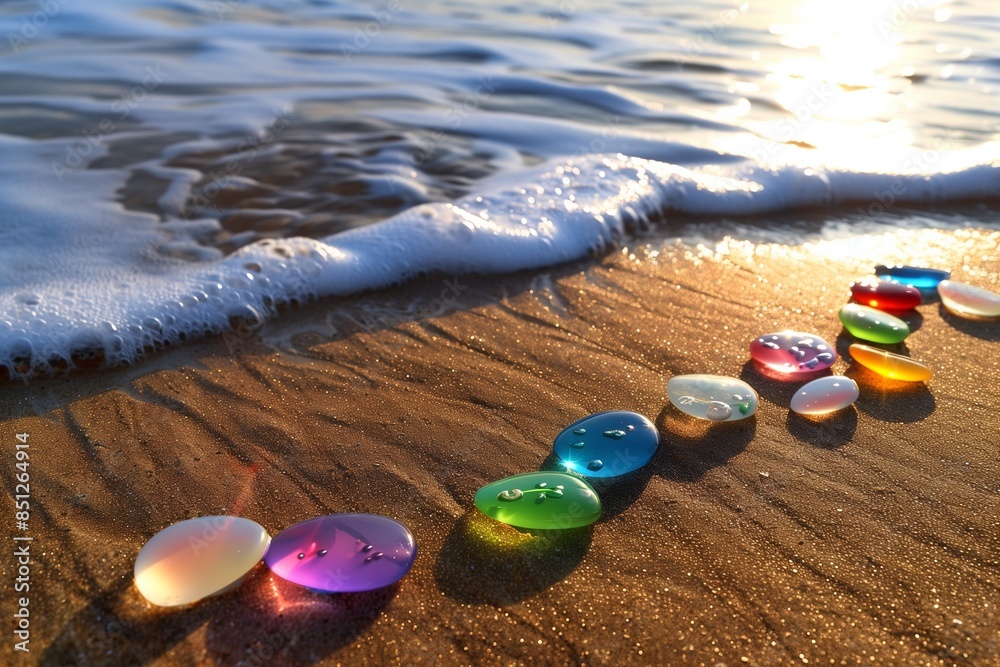 Smooth sea glass stones in the seven colors of the rainbow, scattered ...