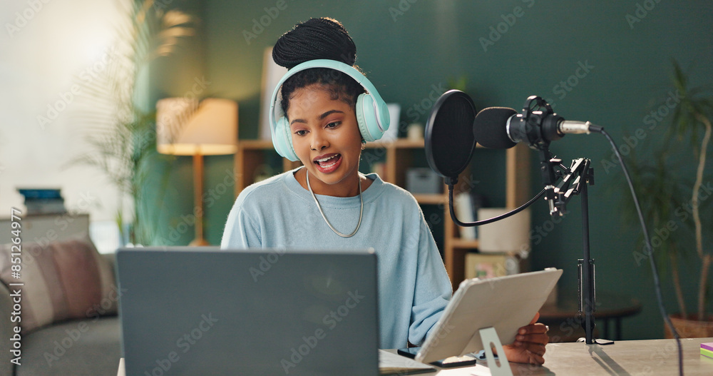 Podcast, presenter and radio talk show with microphone and reporter ...