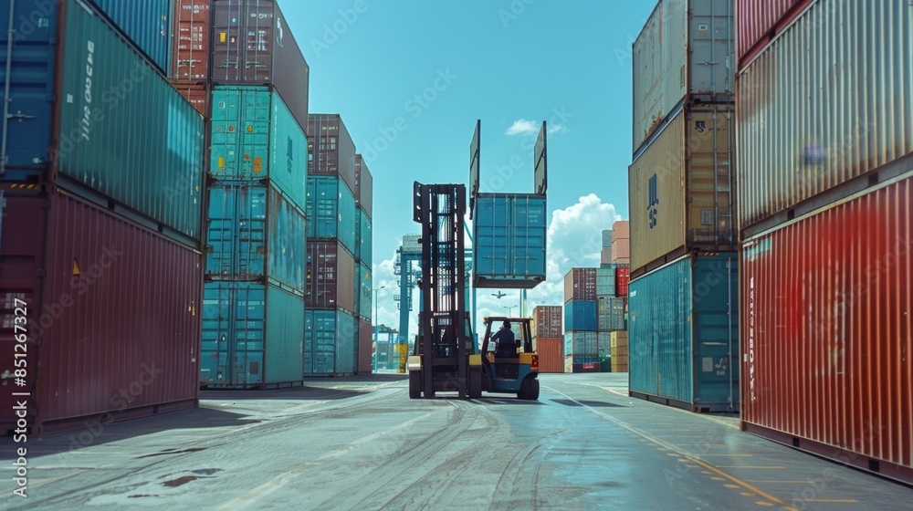 A forklift is lifting up an empty blue container in front of stacked ...