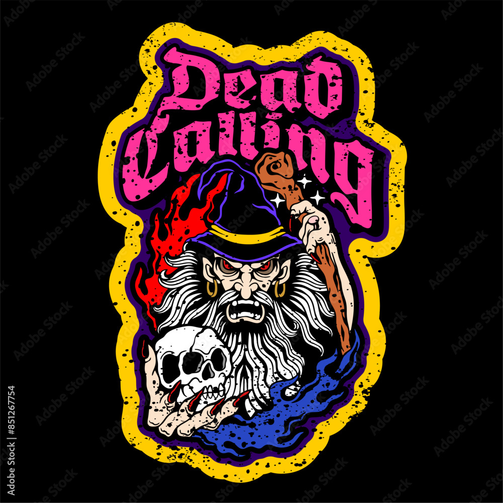 vector illustration old man wizard dizzy bring skull on right hand and ...