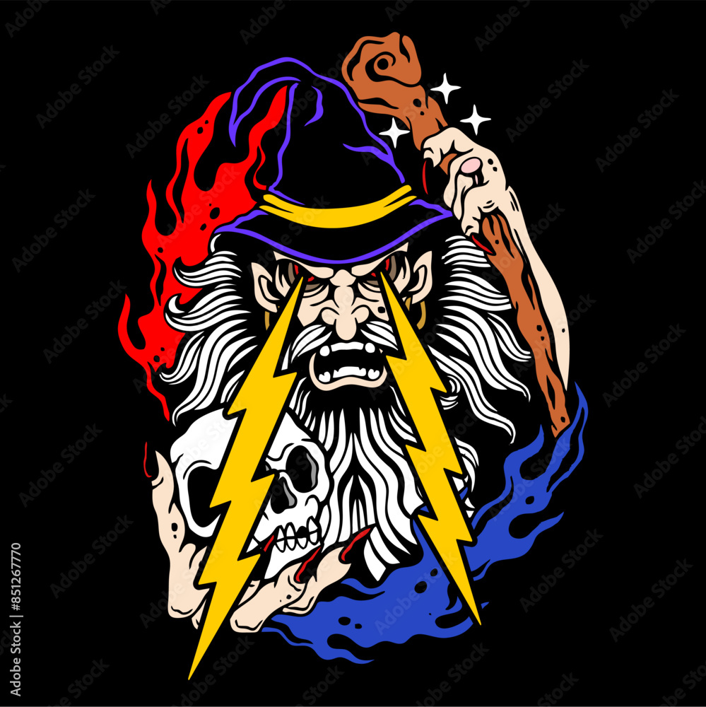 vector illustration old man wizard dizzy bring skull on right hand and ...