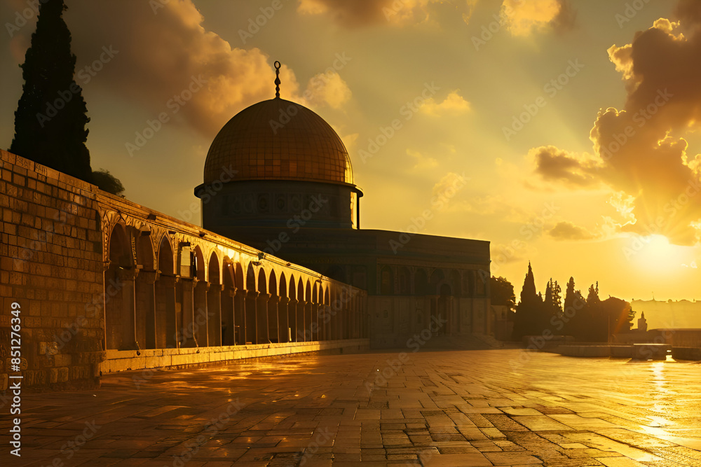 Dome of the Rock at golden hour with sun rays for Jerusalem Day, the ...
