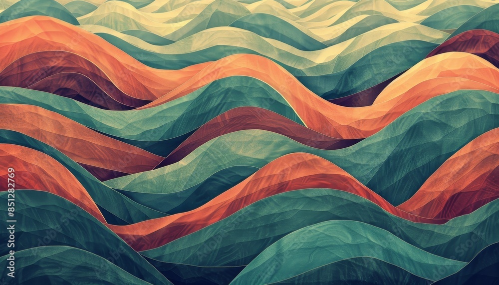 Abstract waves of geometric and organic shapes converge, creating a ...