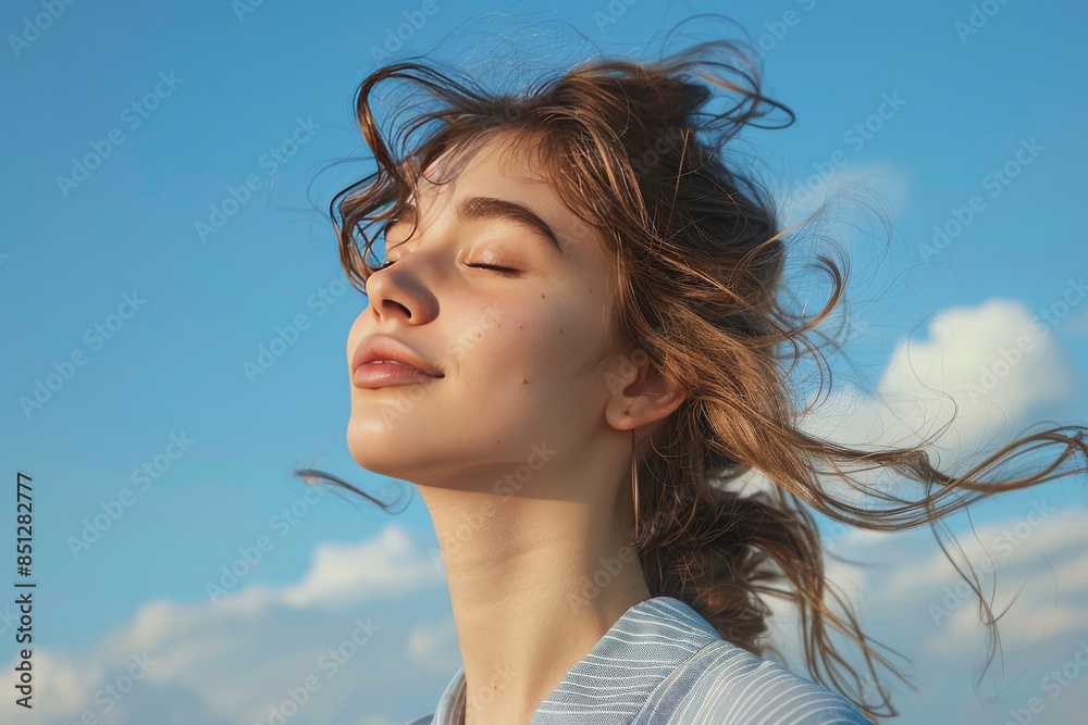 Photo of a European female model, side view, against a blue sky ...