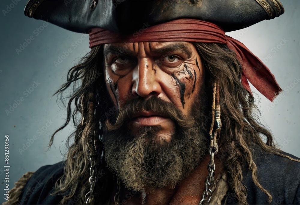 The infamous pirate Blackbeard emerges in vivid detail. His weathered ...