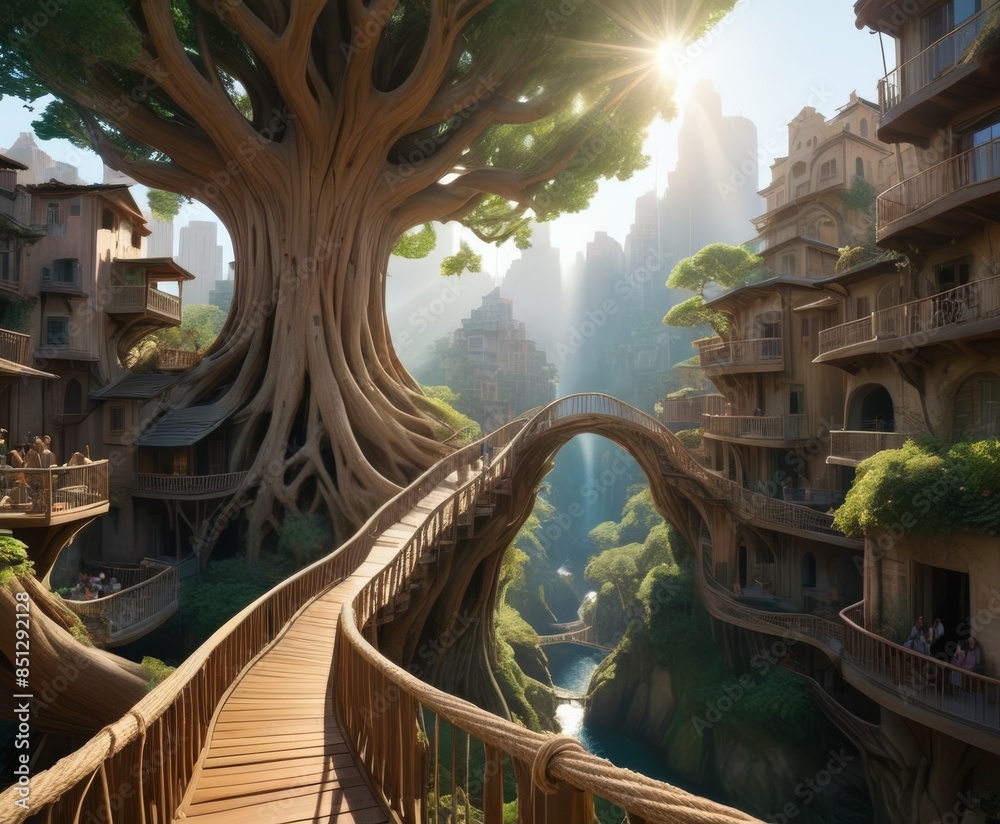 A magical tree village with a massive tree at its center, connected by ...