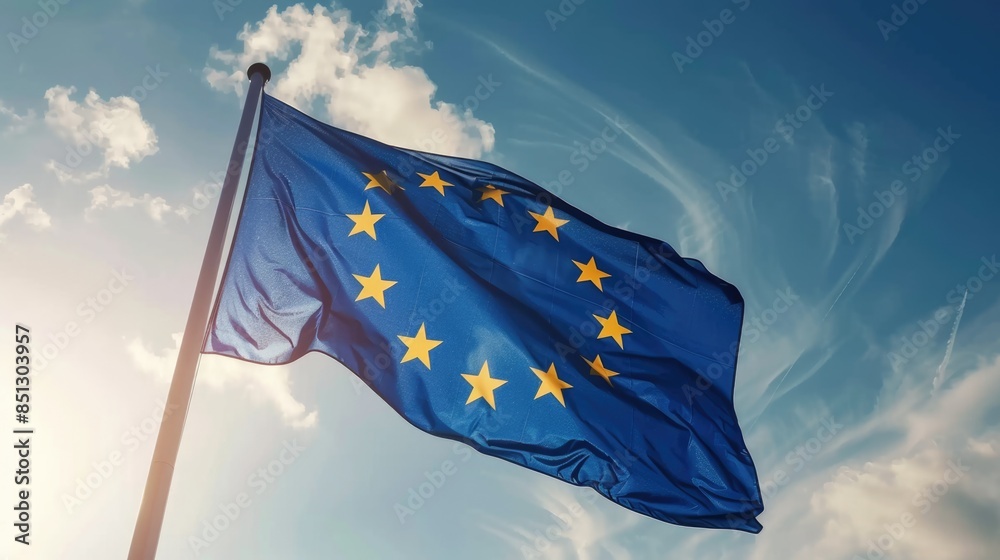 European Union flag flutters against bright blue sky. Twelve golden ...