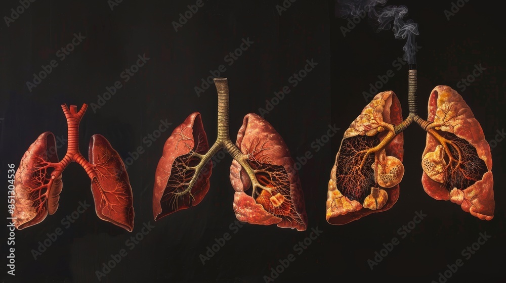 Diagram of a smoker's lungs over time, showing progression of damage ...