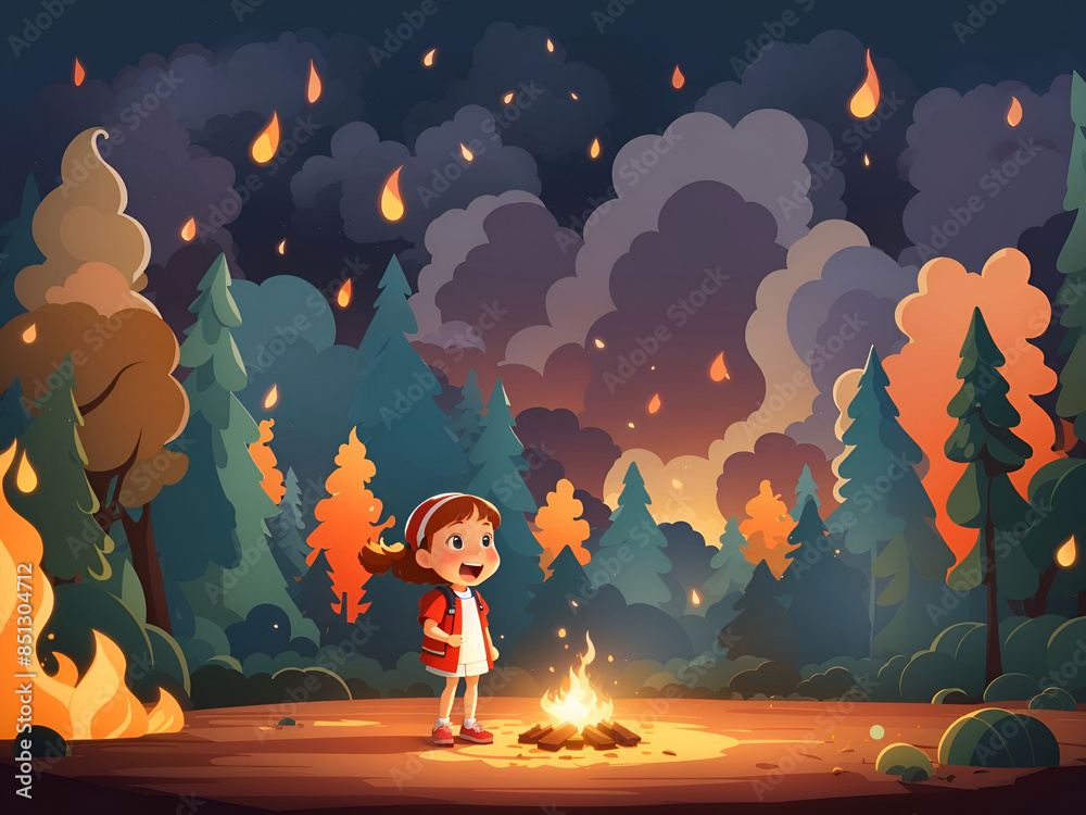 A girl in Forest with Wildfire. little girl is scared in the wildfire ...