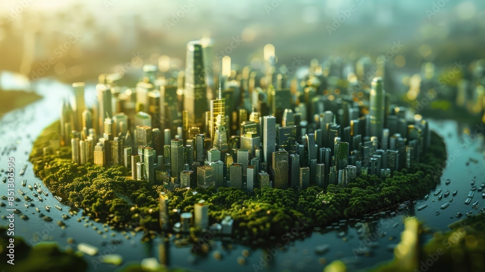 Ultra-realistic satellite view of a modern city embracing green energy ...