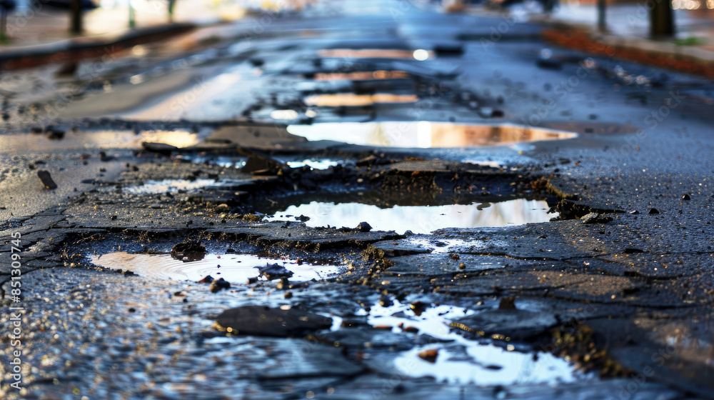 A poorly maintained street riddled with deep potholes showcases ...