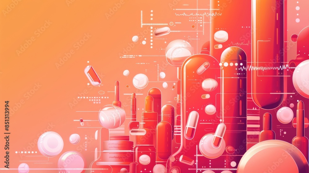 Red background with gradient light effect, industrial machine at the bottom, minimal vector ...