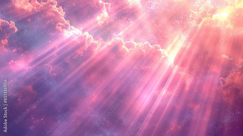 Magical pink clouds with sun rays shining through representing ...