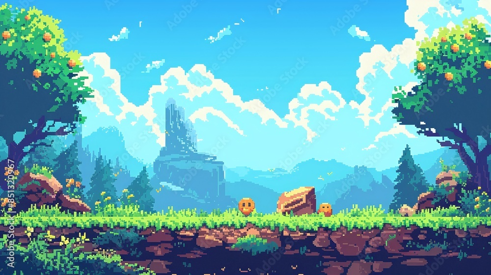 Pixel art game background with button level up. Game design concept in ...