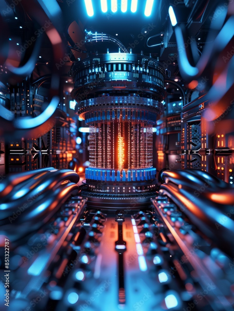 Quantum Computing Core in a High-Tech Facility. Futuristic quantum computer core glowing within ...