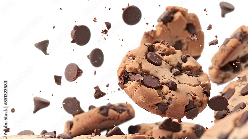 Falling broken chocolate chip cookies isolated on white background with ...